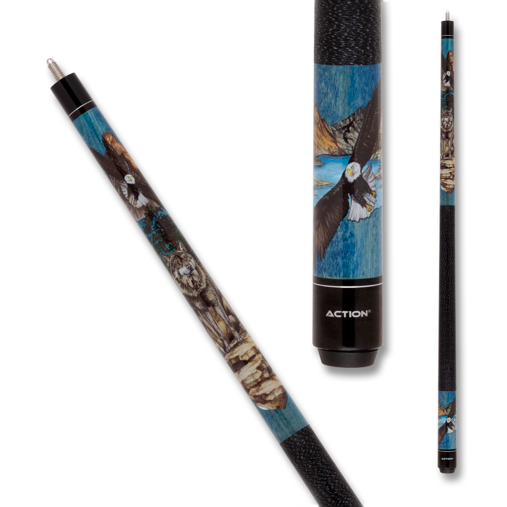 ACTION WOLF EAGLES POOL CUE ADV122 WRAP BLACK AND BLUE 13MM 19 OZ ...
