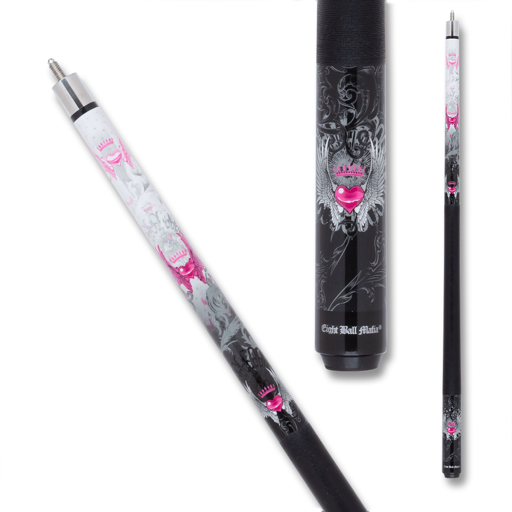ACTION POOL CUE EBM11 HEART AND WINGS WRAP BLACK AND WHITE AND PINK 13 ...